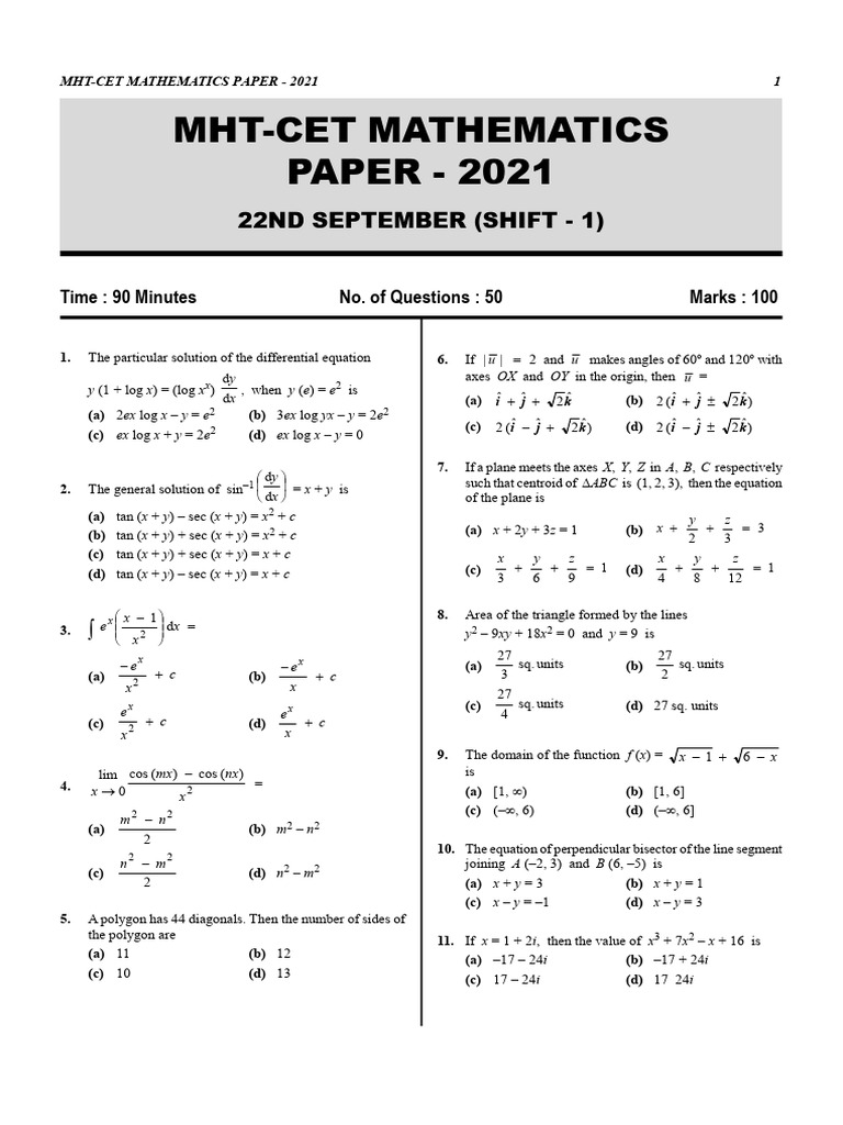 MHT-CET 2021 Mathematics Paper | PDF | Triangle Geometry | Elementary ...