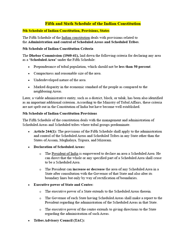 Fifth and Sixth Schedule of The Indian Constitution | PDF | Government