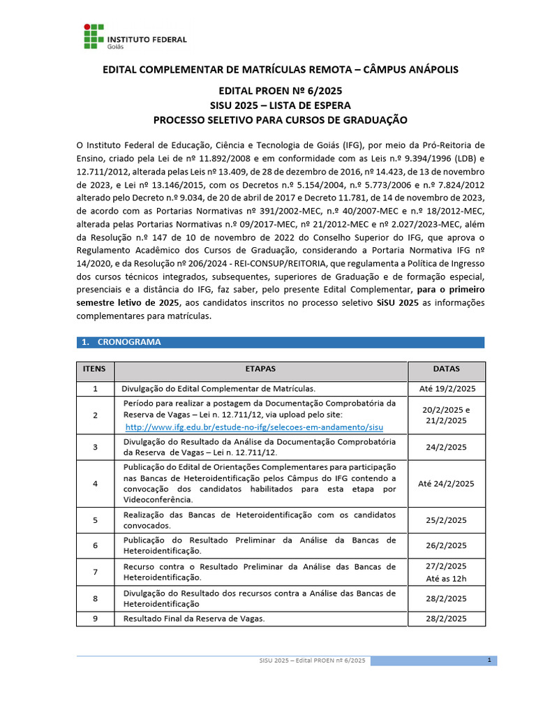 Edital Complementar de Matriculas Sisu Lista de Espera 2025 Anapolis | PDF | Diploma de bacharel ...