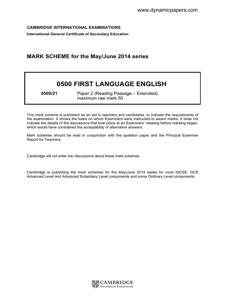0500 First Language English: MARK SCHEME For The May/June 2014 Series | PDF