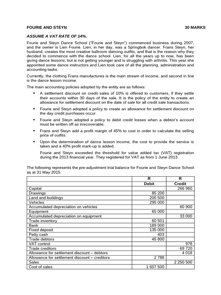 Assume A Vat Rate of 14%.: Fourie and Steyn 30 Marks | PDF | Debits And ...