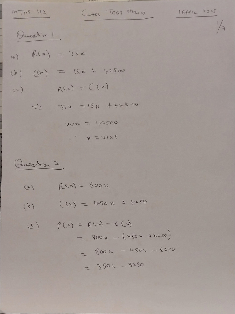 MTHS 112 Class Test Memo 2025 | PDF