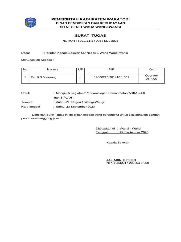 Surat Tugas Dinas Pendidikan Wakatobi | PDF