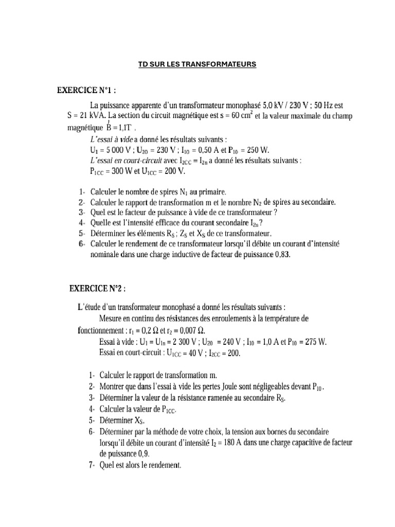 TD Sur Les Transformateurs Retenu Def | PDF