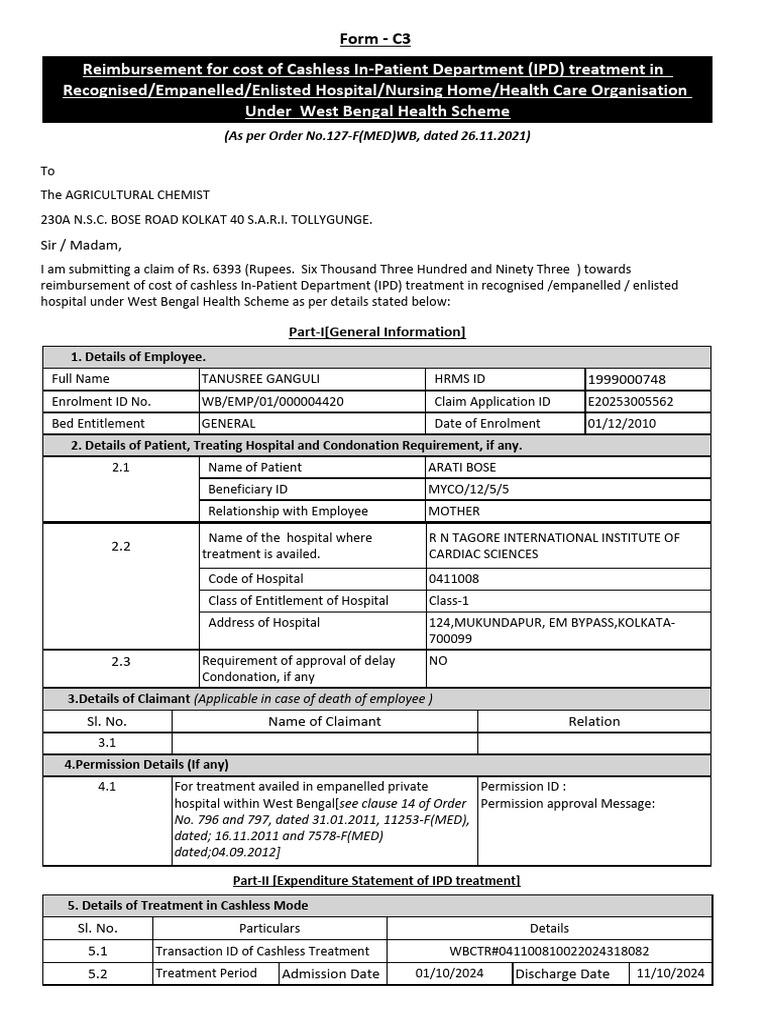 WBHS Carc Ipd App Form Emp | PDF | Hospital | Public Services