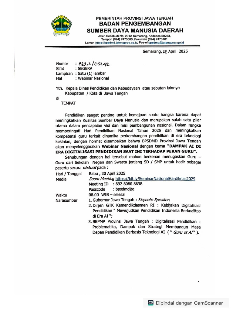 Surat Edaran Webinar Nasional KPD Dinas P & K Seluruh Kab Kota Jateng | PDF