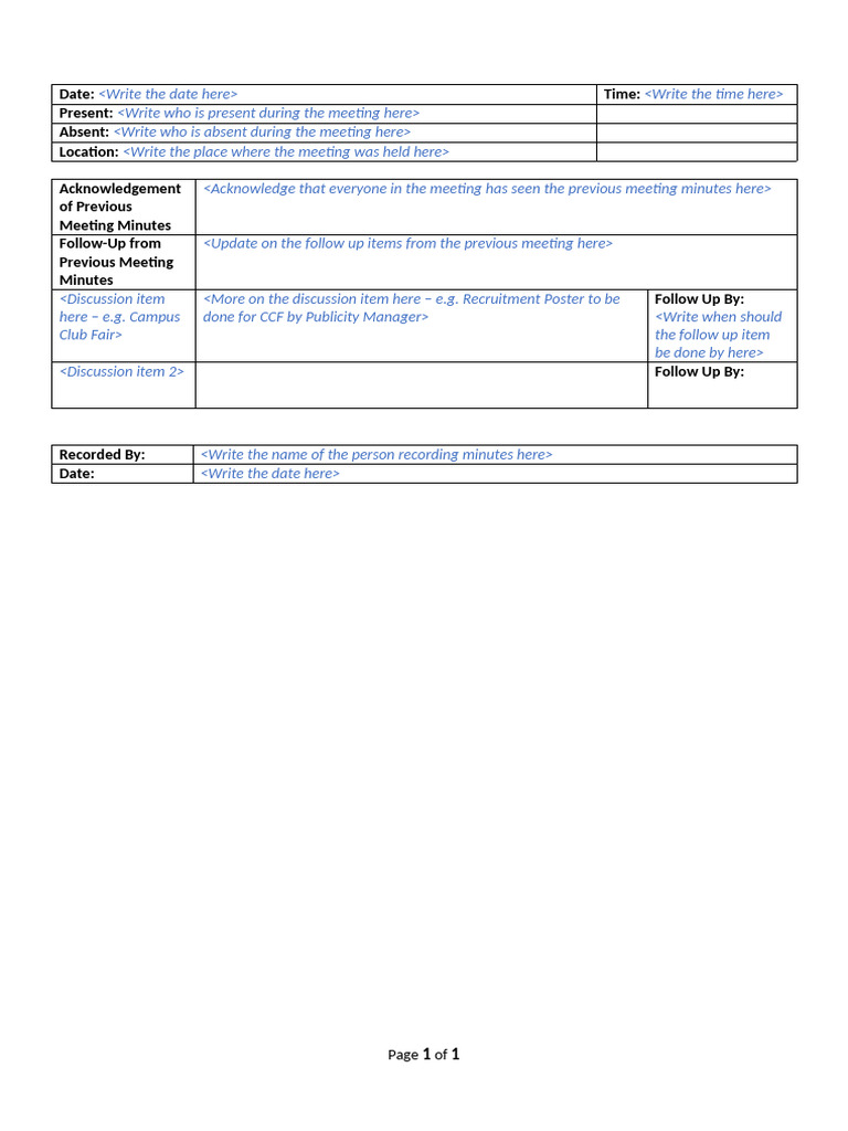 Student Club Meeting Minutes Template | PDF