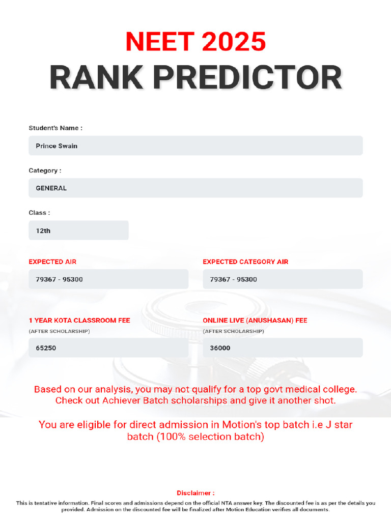 NEET 2025 Rank Prediction | PDF