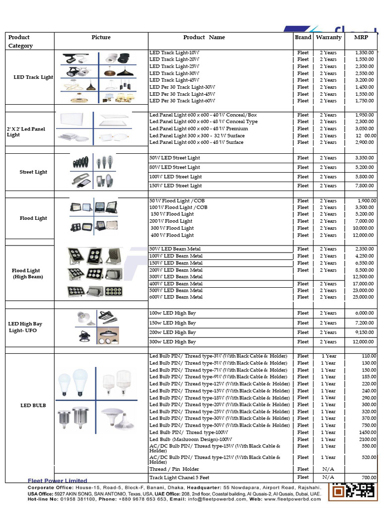 Price List of Fleet Power Ltd. Lighting Item | PDF