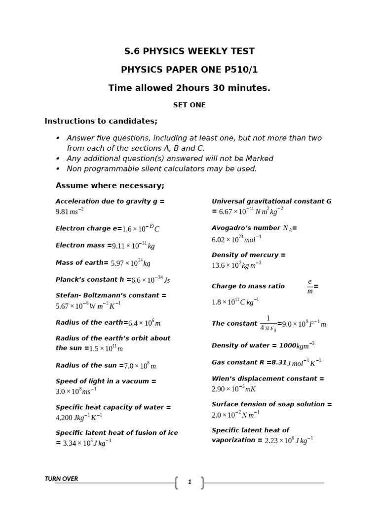 Physics Weekly Test Paper P510/1 | PDF | Temperature | Electron