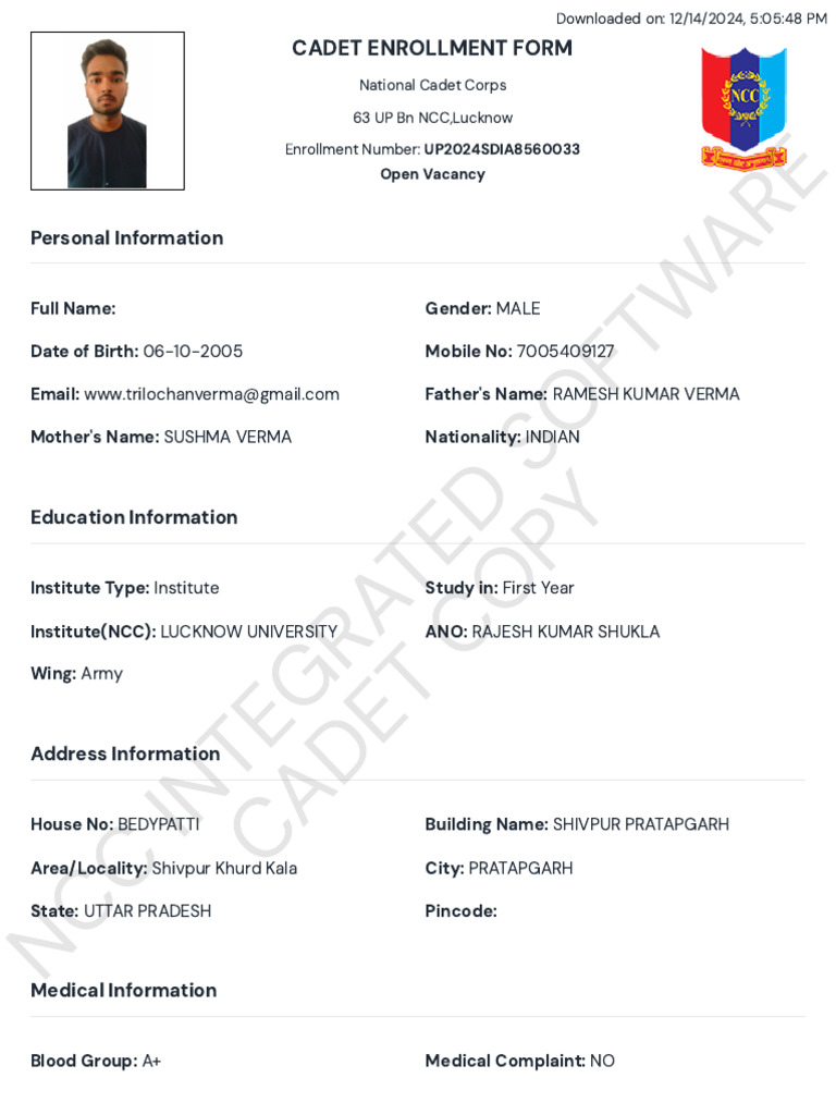 NCC Cadet Enrollment Form 2024 | PDF | Youth Organizations | Military ...
