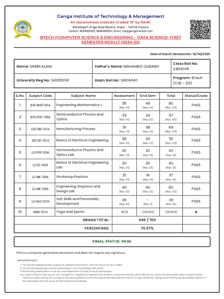 BTech CSE (DS) Result - SAMIR ALAM | PDF | Computing