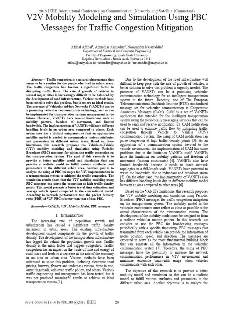 V2V Mobility Modeling and Simulation Using PBC - Afdhal2018 | PDF | Traffic | Simulation