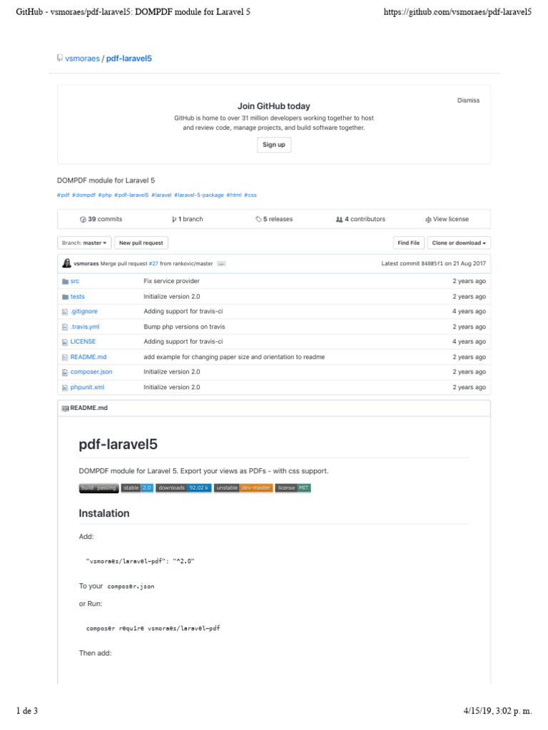 GitHub - Vsmoraes:pdf-Laravel5: DOMPDF Module For Laravel 5 | PDF | Computer Science | Computer File