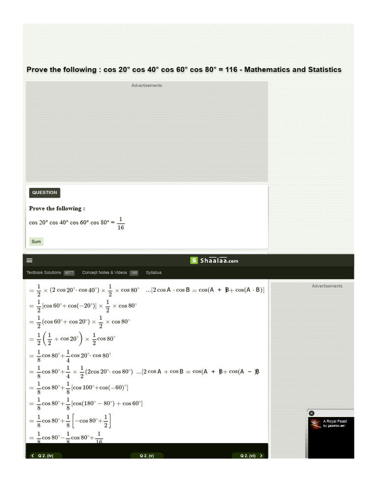 Proving cos 20° cos 40° cos 60° cos 80° = 1/16 | PDF | Trigonometry ...