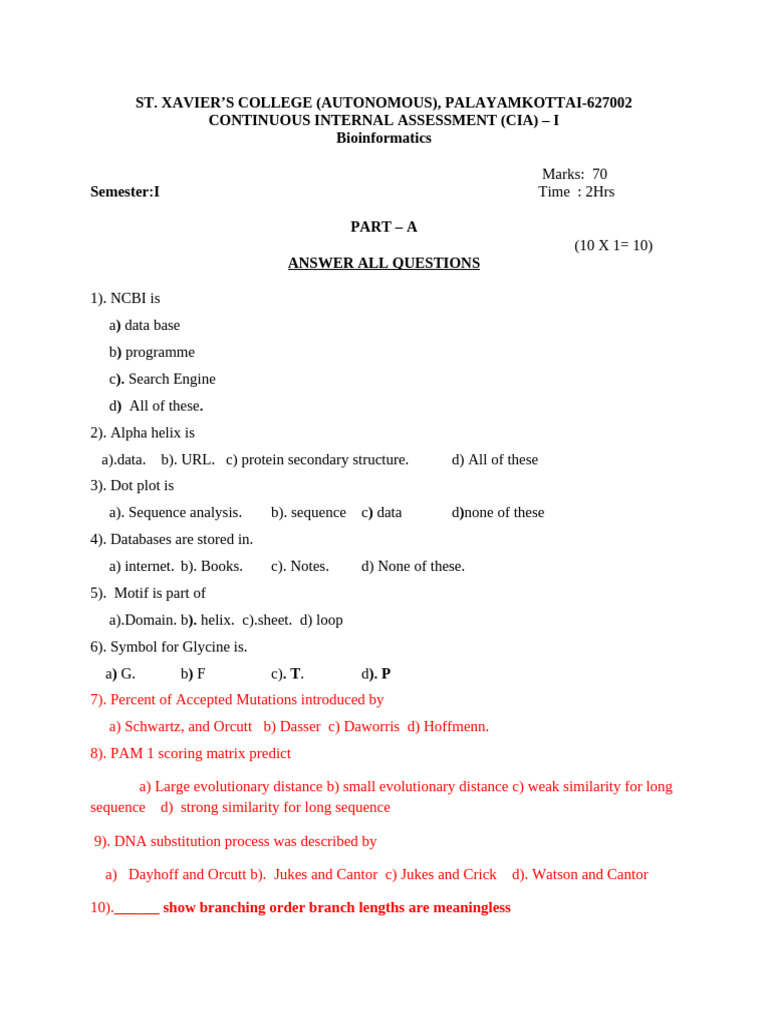 Bioinformatics Cia I Questions 2021 | PDF | Bioinformatics ...