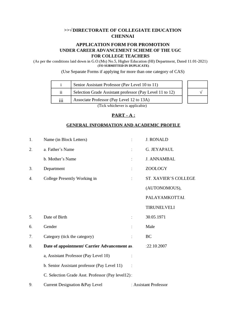 CAS Promotion Application Form for Teachers | PDF | Doctor Of Philosophy
