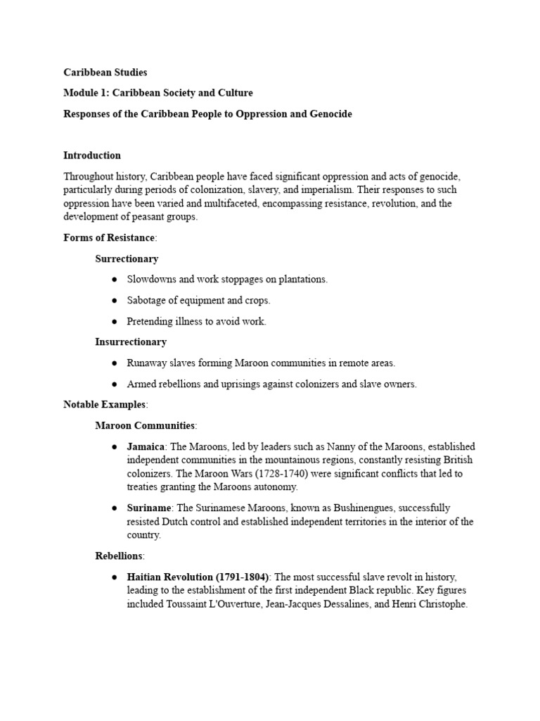 Responses of The Caribbean People To Oppression and Genocide | PDF ...