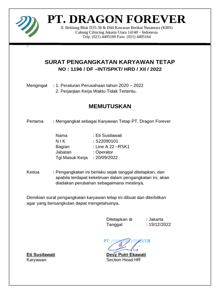 Surat Pengangkatan Karyawan Tetap | PDF