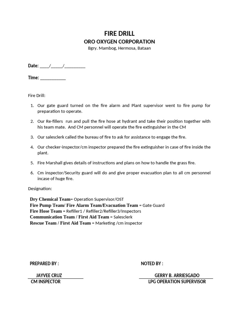 Fire Drill Procedures at Oro Oxygen Corp | PDF
