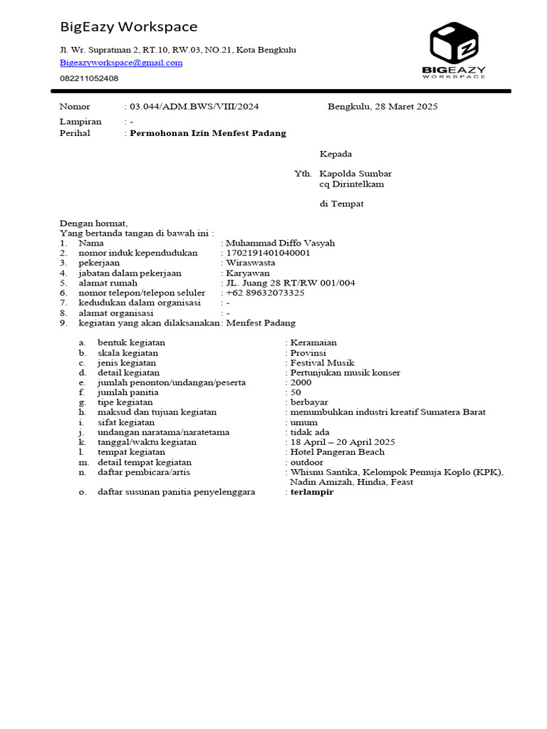 Permohonan Izin Menfest PDG | PDF