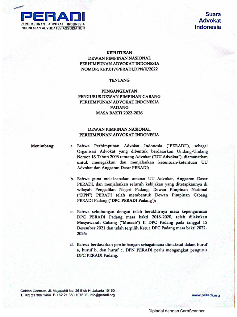 SK PENGURUS DPC PERADI PADANG MASA BAKTI 2022-2026 | PDF