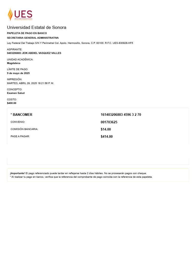Papeleta de Pago Examen Salud UES | PDF