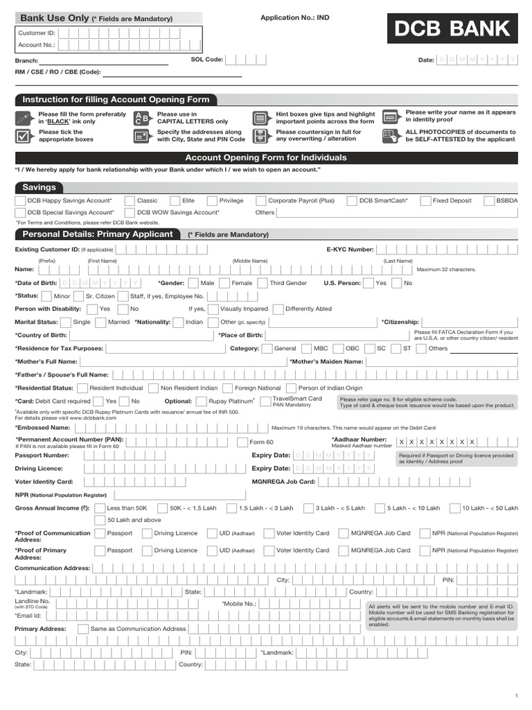 DCB Bank Account Opening Form | PDF | Government And Personhood