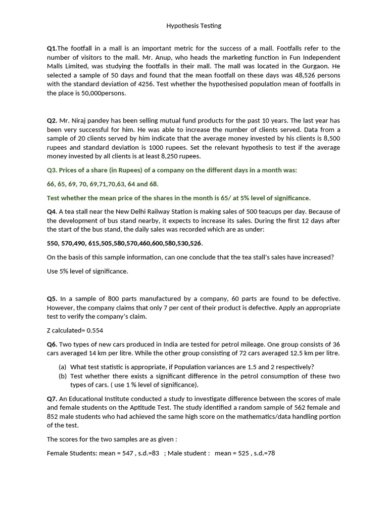 Hypothesis Testing in Various Scenarios | PDF | Standard Deviation ...
