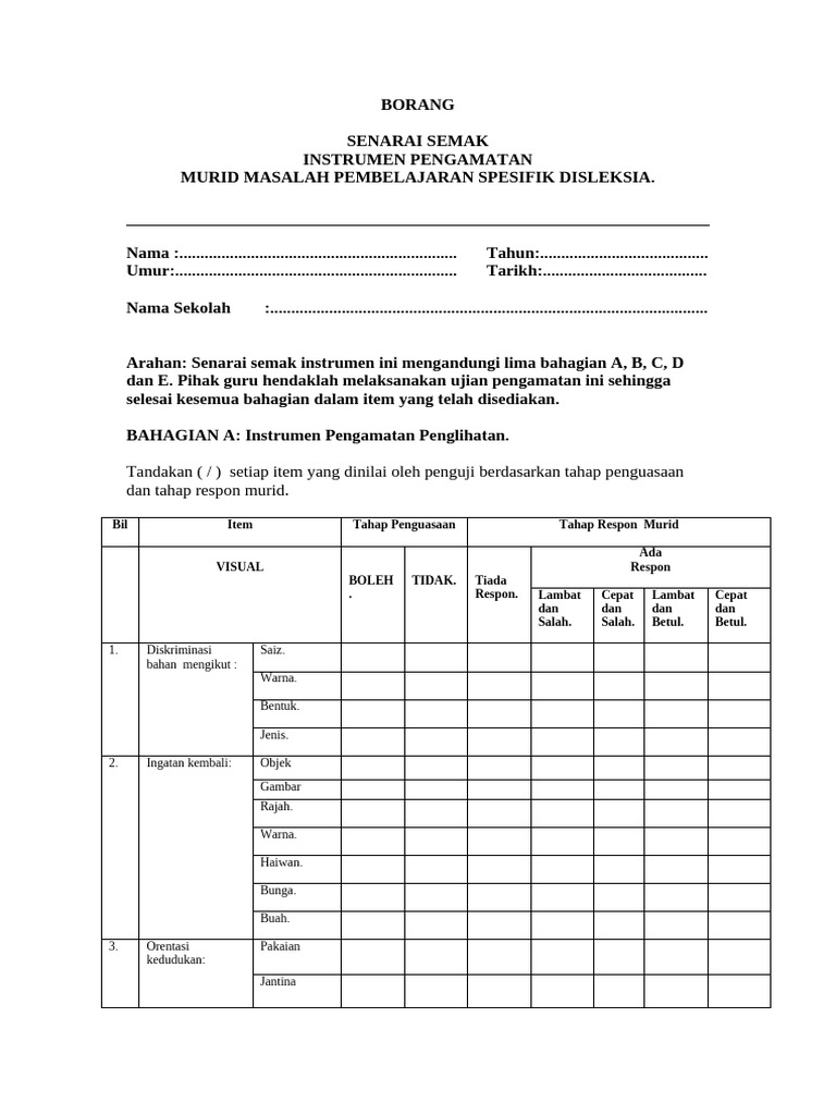 Senarai Semak Disleksia Murid | PDF
