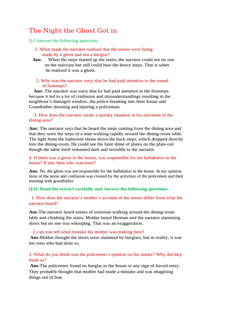 Class 8 Q&A on "The Night the Ghost Got In" | PDF