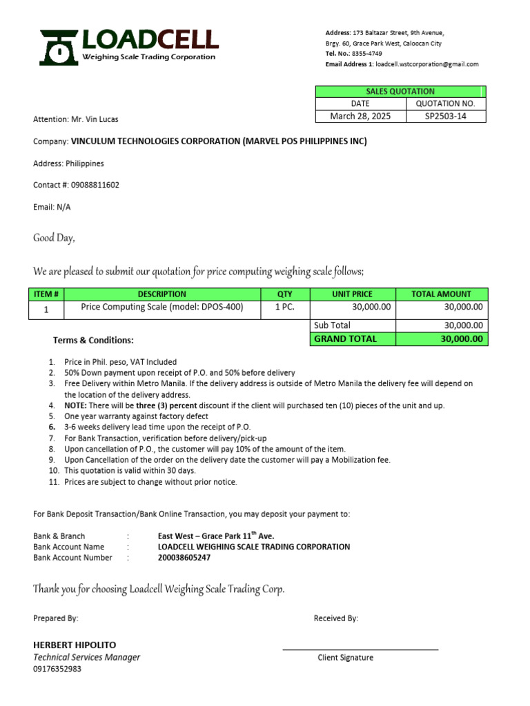 Quotation For Vinculum Technologies Corporation (Marvel Pos Philippines ...