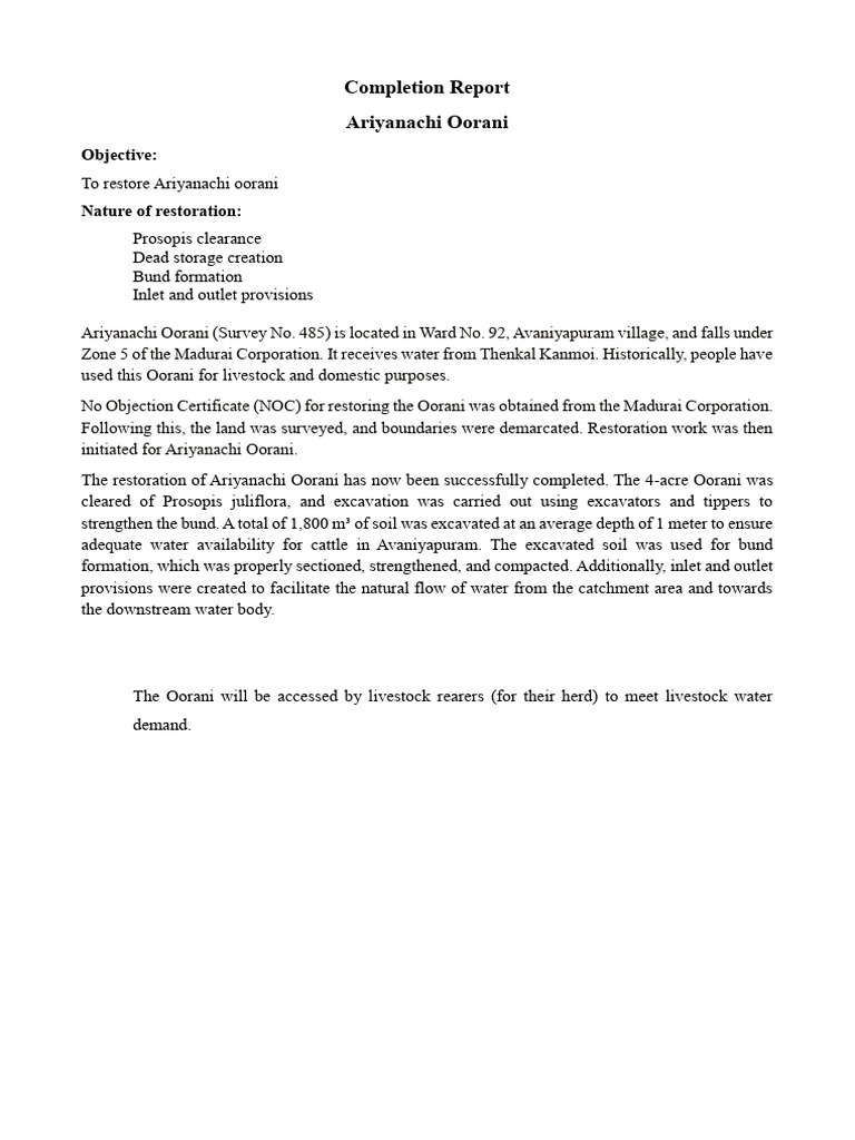 Ariyanachi Oorani Restoration Report | PDF | Environmental Science ...