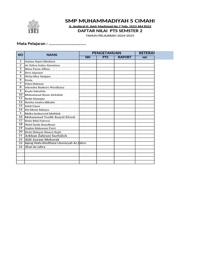DAFTAR NILAI PTS SEMESTER 2 2025 - Form | PDF