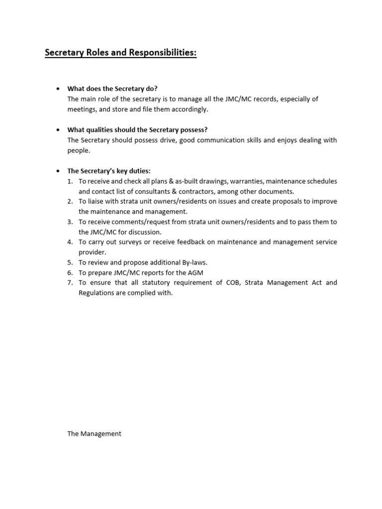 Job Descriptions of The Secretary | PDF