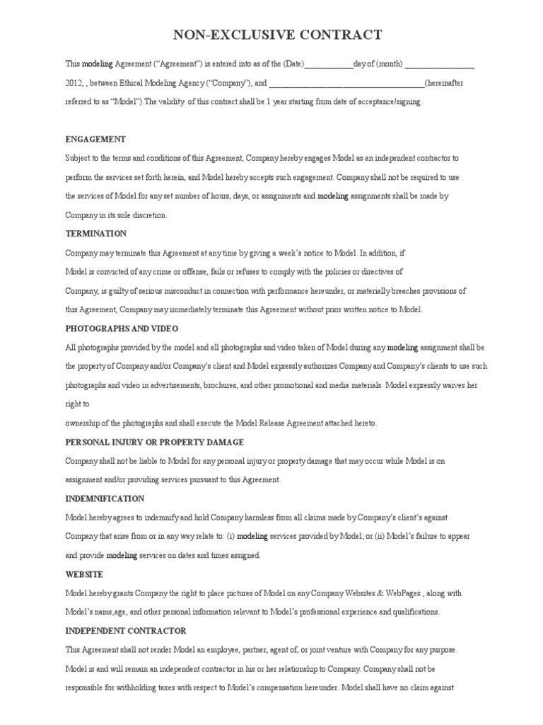 Non-Exclusive Modeling Contract Between Ethical Modeling Agency and ...