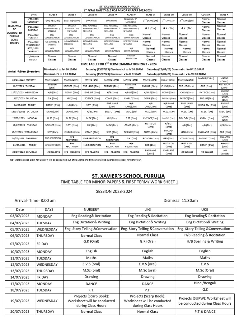 1ST Term Exam Time Table 2023 - 2024 | PDF