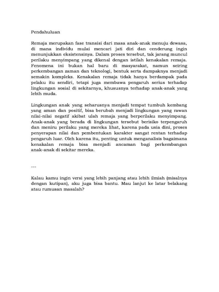 Pendahuluan Analisis Kenakalan Remaja | PDF