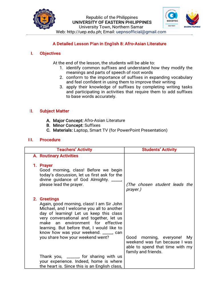 Edited SUFFIXES Lesson - Plan | PDF | Adjective | Word