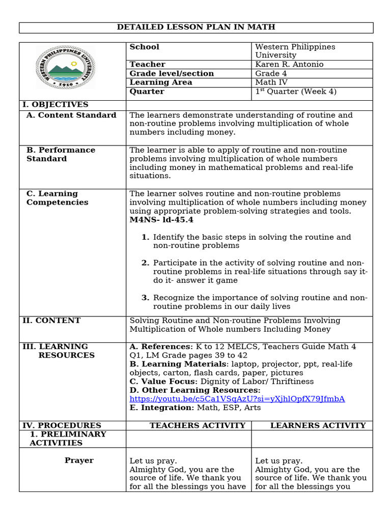 Detailed Lesson Plan in Math 4 | PDF | Learning | Teachers
