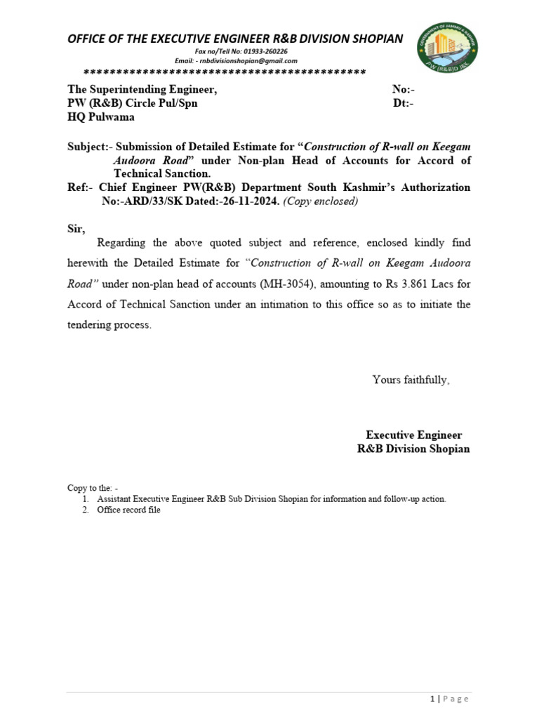 Office of The Executive Engineer R&B Division Shopian | PDF