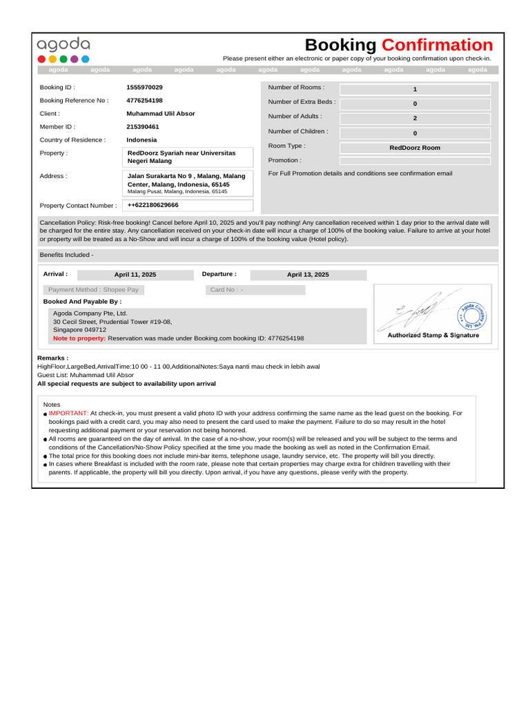Agoda Booking Confirmation for RedDoorz | PDF