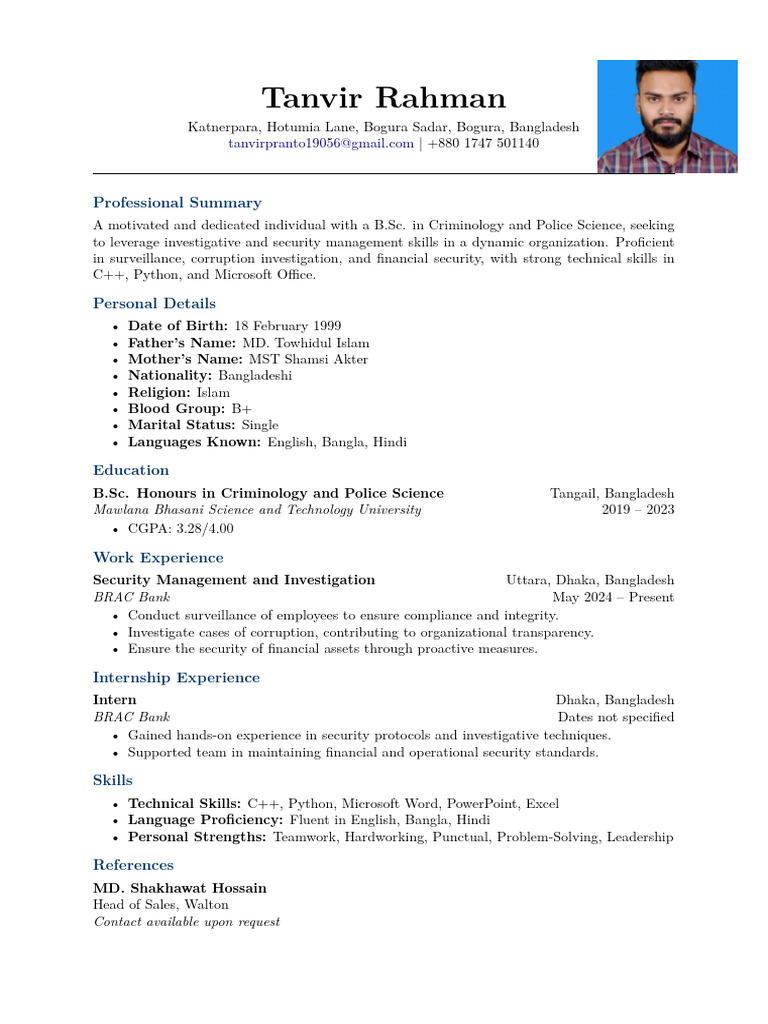 CV Tanvir With Photo Top Right | PDF