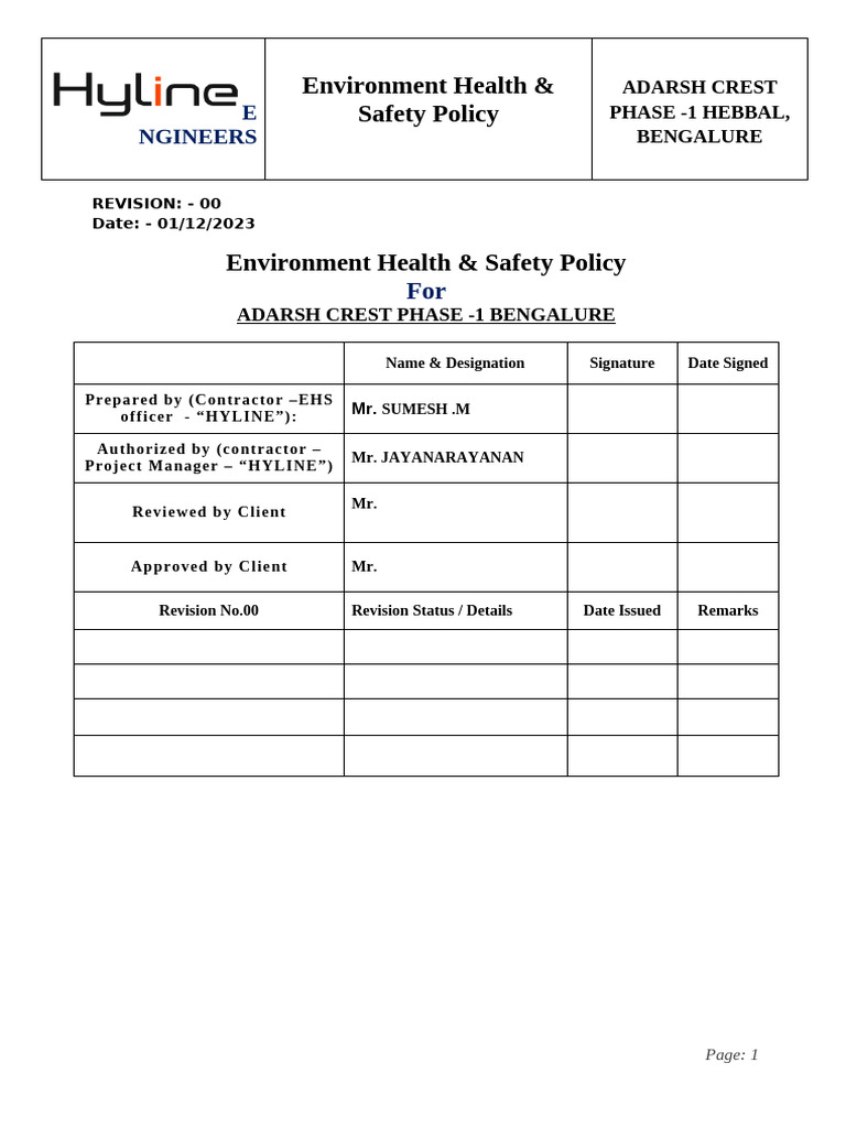 Ehs Plan - Hyline Adarsh Crest | PDF | Risk | Occupational Safety And ...