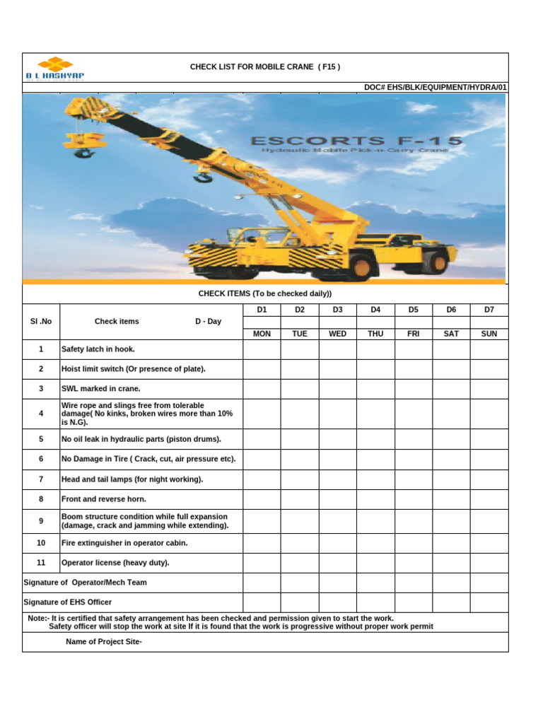 Check List For Mobile Crane (Hydra) | PDF
