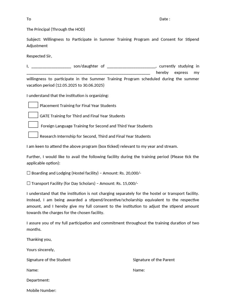 Summer Training Willingness Letter | PDF