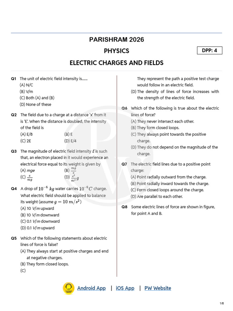 Electric Charges and Fields - DPP 04 - Parishram 2026 | PDF | Electric ...