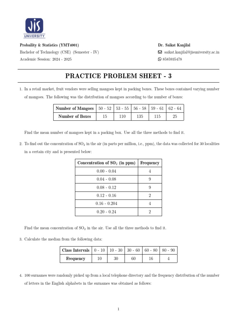 YMT4001 - Practice Problem Sheet - 3 | PDF | Skewness | Mode (Statistics)