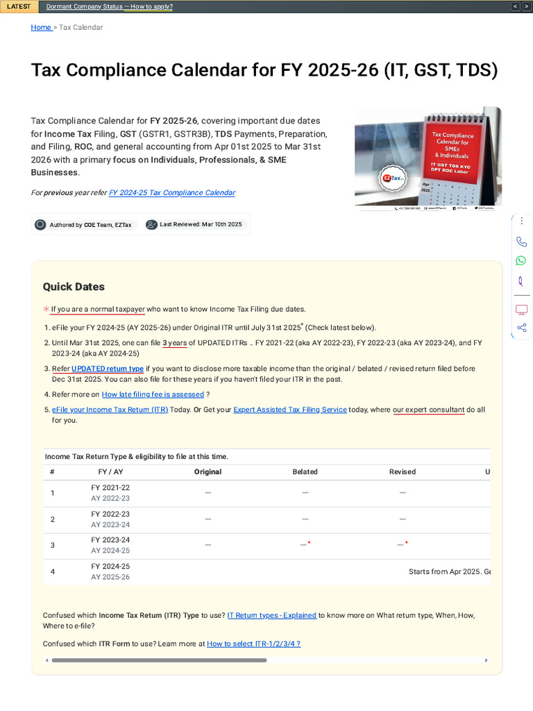 Tax Compliance Calendar For FY 2025-26 (IT, GST, TDS) | PDF | Fiscal ...