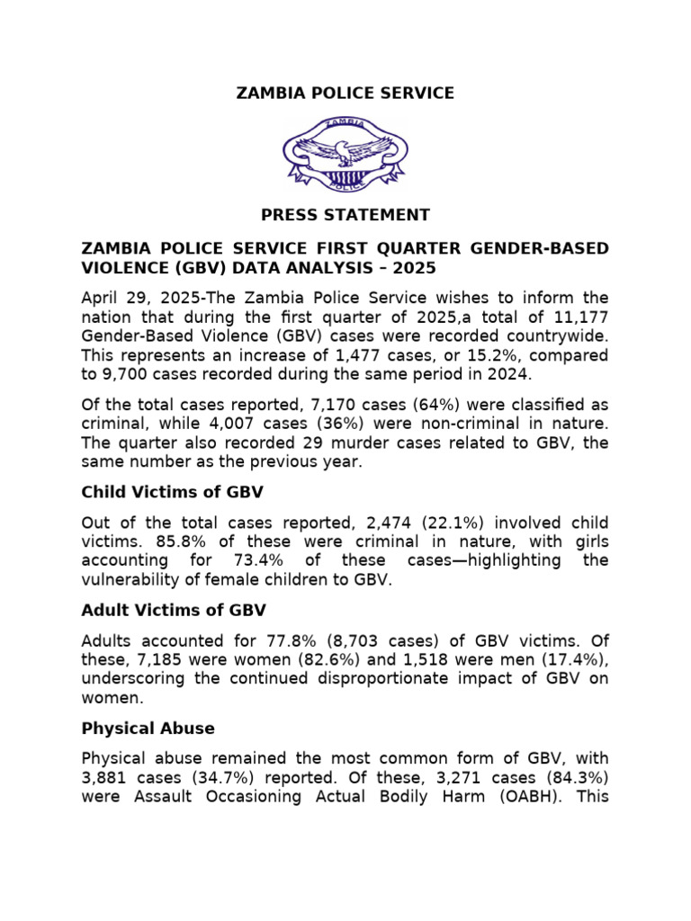 Zambia GBV Data Report Q1 2025 | PDF | Domestic Violence | Assault
